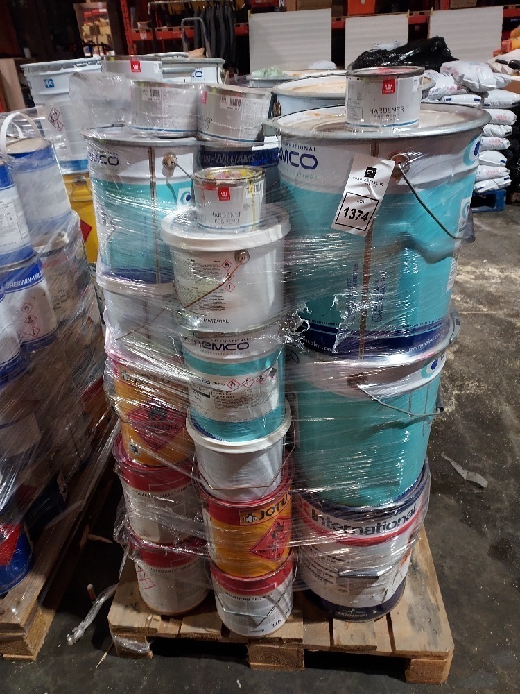 FULL PALLET OF APPROX 60 X MIXED PAINTS ,HARDENERS ,JOTUN JOTOMASTIC ...